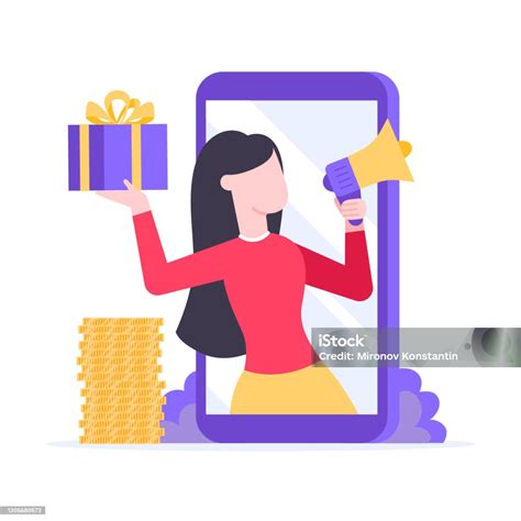 흰색 배경에 격리된 친구 플랫 스타일 디자인 벡터 그림을 참조하십시오 메가폰과 선물 상자를 들고 스마트폰에 서서 소리쳤다 소셜 미디어 광고 개념 기호입니다 개념에 대한 스톡