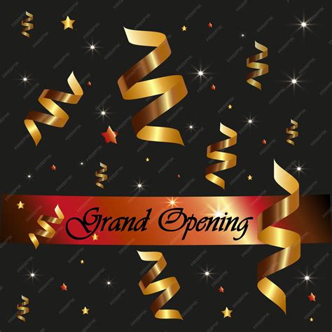별과 떨어지는 금색 색종이가 있는 그랜드 오프닝 배너 시상식 프레젠테이션 프리미엄 벡터