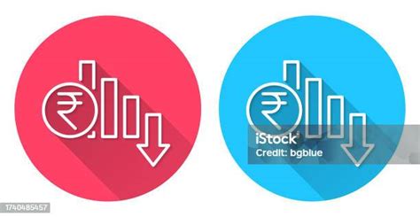 Indian Rupee Rate Decrease Round Icon With Long Shadow On Red Or Blue Background Stock