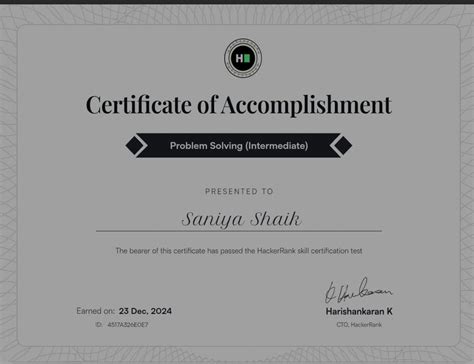 Excited To Share That I Ve Successfully Secured The Hackerrank Certificate… Saniya Haseen Shaik