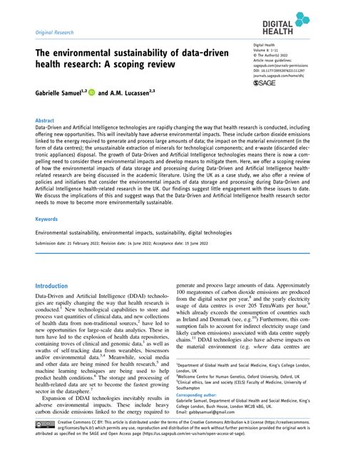 Pdf The Environmental Sustainability Of Data Driven Health Research