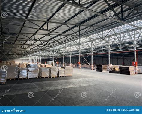 Spacious Warehouse Interior Shelves Stacked With Boxes Logistic Center Concept Empty Aisles