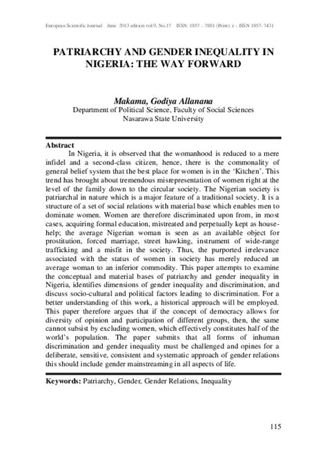 Pdf Patriarchy And Gender Inequality In Nigeria The Way Forward
