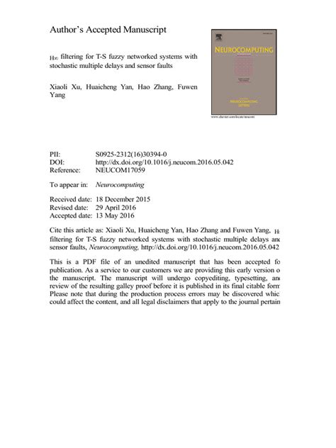 H Filtering For T S Fuzzy Networked Systems With Stochastic Multiple Delays And Sensor Faults