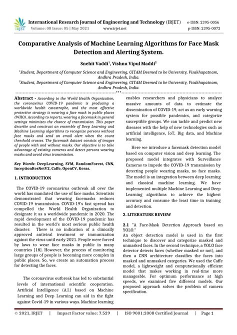 Pdf Comparative Analysis Of Machine Learning Algorithms For Face Mask Detection And Alerting