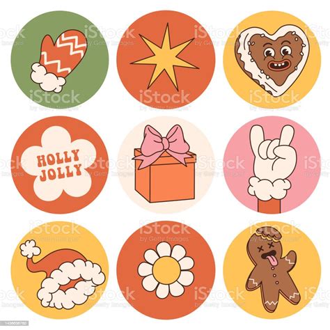 그루비 히피 크리스마스 스티커 산타 모자 선물 홀리 유쾌한 트렌디 한 복고풍 만화 스타일의 진저 브레드 크리스마스에 대한 스톡