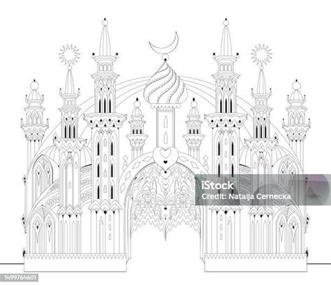 중세 동부 성의 판타지 삽화 동화나라 왕국 색칠하기 책을 위한 흑백 페이지 어린이와 성인을 위한 그림과 명상을 위한 워크시트 고대 건축 0명에 대한 스톡 벡터 아트 및 기타