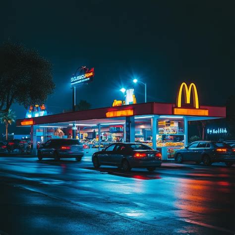 A Mcdonalds Restaurant At Night With Cars In The Drivethru Premium Ai