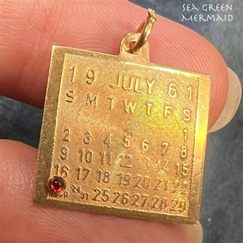 14k Yellow Gold 1961 Calendar Pendant W Ruby Birthday Anniversary Date Sea Green Mermaid