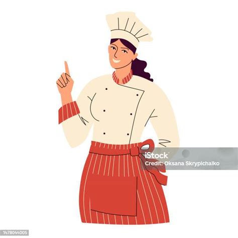 검지 손가락을 보여주는 여성 요리사 요리사가 조언을하고 가르칩니다 토크와 유니폼을 입은 웃는 여자 흰색으로 격리된 주방 직원 제빵사에 대한 스톡 벡터 아트 및 기타 이미지