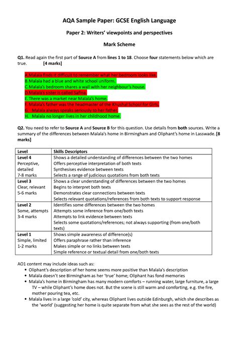 Aqa English Language Sample Paper 2c Mark Scheme Aqa Sample Paper Gcse English Language Paper