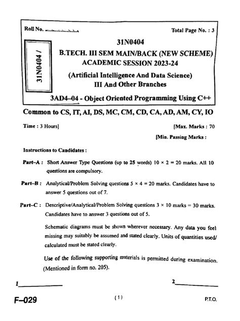 Btech Cs It 3 Sem Object Oriented Programming Using Cpp 31n0404 2024 Pdf