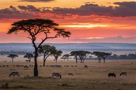 Serengeti Plain With Acacia Trees Zebras Gazelles And Colorful Sunset