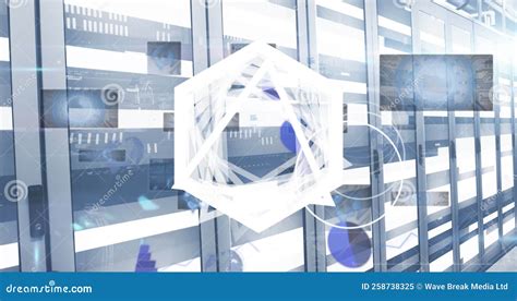 Composition Of White Shapes And Data Processing Over Server Room Stock Illustration