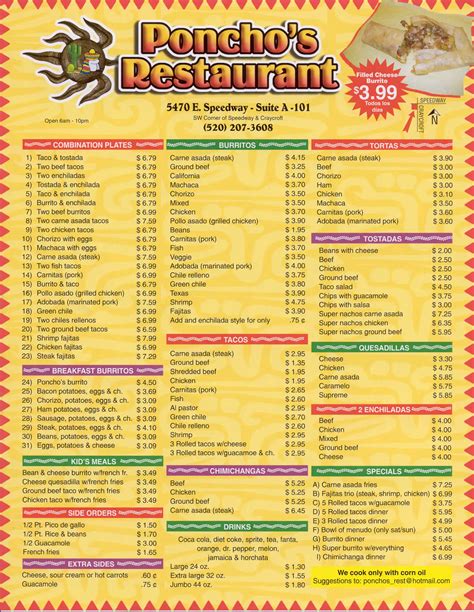 Menu At Ponchos Mexican Food Fast Food Tucson