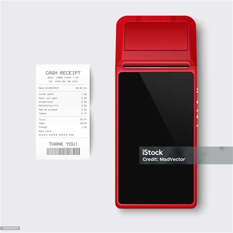 벡터 3d 빨간색 Nfc 지불 기계 및 종이 수표 영수증 격리 와이파이 무선 결제 Pos 단말기 은행 결제 비접촉식 단말기의 기계 설계 템플릿 모형 탑 뷰 3차원 형태에