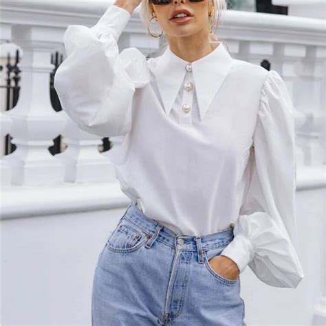 Elegant Classy Puff Cuff Long Sleeve Collar Top Blouse Shirt Off White