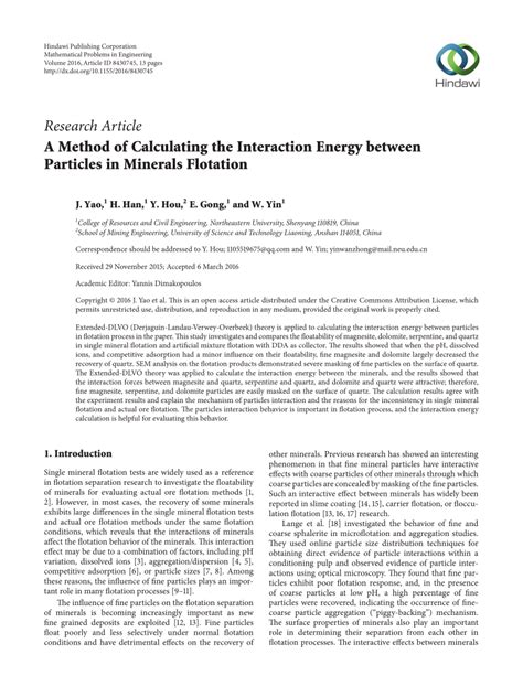 PDF A Method Of Calculating The Interaction Energy Between Particles In Minerals Flotation