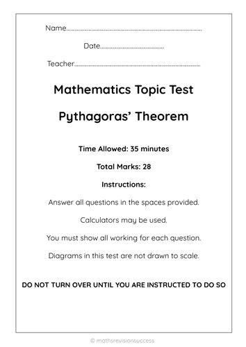 Pythagoras Theorem Topic Test Gcse Igcse Teaching Resources