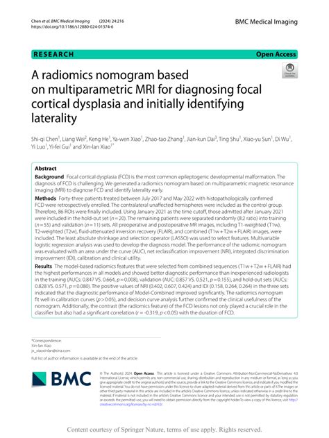 Pdf A Radiomics Nomogram Based On Multiparametric Mri For Diagnosing Focal Cortical Dysplasia