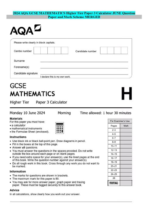2024 Aqa Gcse Mathematics Higher Tier Paper 3 Calculator June Question Paper And Mark Scheme