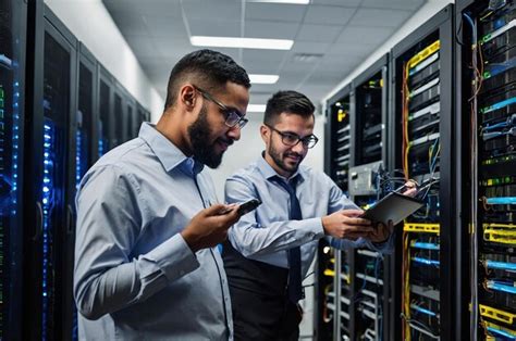 People Working In Data Center Room Hosting Server Premium Ai