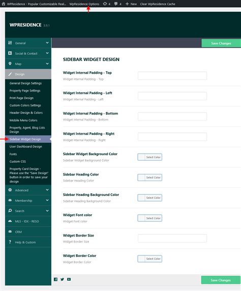 theme options design sidebar widget design wp residence help