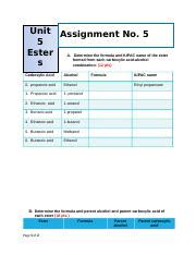 Assignment In Esters Docx Unit Assignment No 5 5 Ester A Determine The Formula And IUPAC