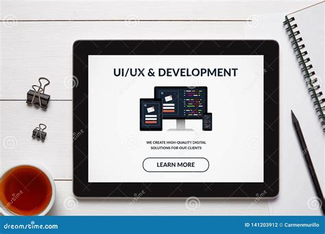 UI UX Design And Development Concept On Tablet Screen With Office Objects Stock Photo Image Of