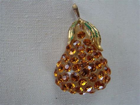 Vintage Lucite Forbidden Fruit Rhinestone Pear Pin Brooch