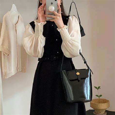 완스몰 겨울신상하객룩 코키르 진주 페이크 레이어드 롱원피스 Op29190 위시버킷