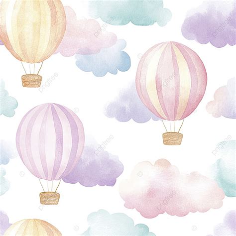 Watercolor Background With Pastel Colored Hot Air Balloons Floating