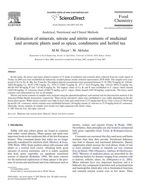 Özcan2007 Estimation Of Minerals Nitrate And Nitrite Contents Of Medicinal And Aromatic