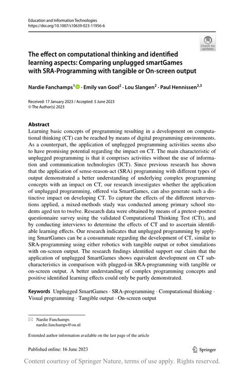 Pdf The Effect On Computational Thinking And Identified Learning Aspects Comparing Unplugged