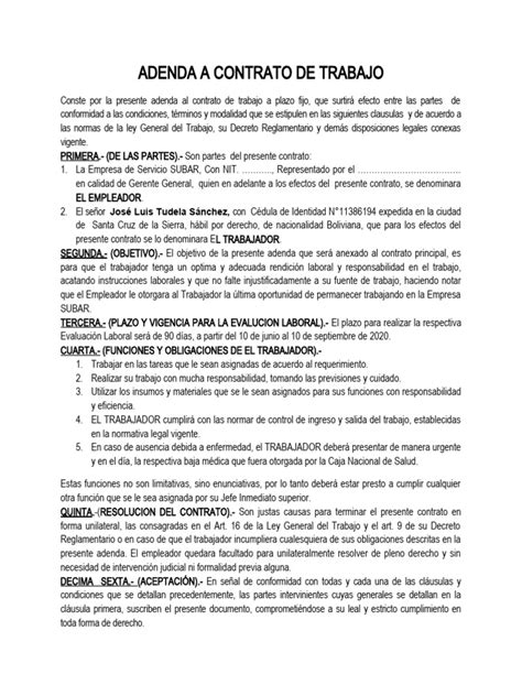 Adenda A Contrato De Trabajo Laboral Pdf Justicia Crimen Y Violencia