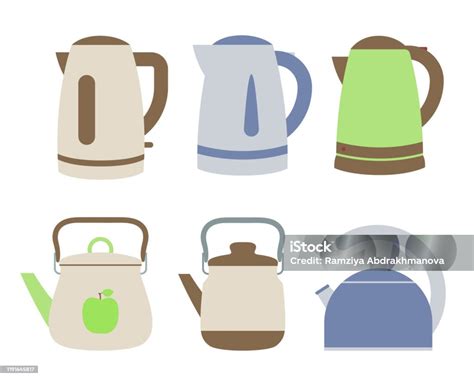 전기 및 가스 주전자 플랫 스타일 주전자 조리기구 컬렉션입니다 금속 및 플라스틱 샘플 컬러 일러스트 세트입니다 벡터 아이콘입니다 Mockup 0명에 대한 스톡 벡터 아트 및