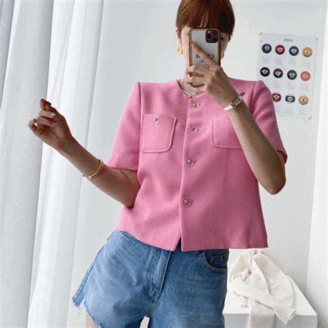 투명 단추 노카라 트위드 자켓 Tops Fashion Womens Top