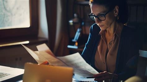 Focused Female Professional Reviewing Documents At Her Desk In A Dimly Lit Office Premium Ai