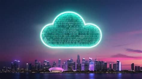 glowing cloud icon made of swirling binary code streams floats above