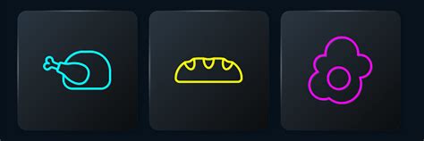 세트 라인 구운 칠면조 또는 닭고기 스크램블 계란과 빵 덩어리 검은 색 사각형 버튼 벡터 가금류에 대한 스톡 벡터 아트 및 기타