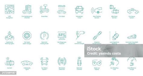 Gps 네비게이션 자동차 유지 보수 체크리스트 로드맵 세차 앞 유리 균열 후면 주차 센서 사각 지대 모니터 자동차 스테레오 시스템 대시보드 경고등 벡터 아이콘 세트 0명에