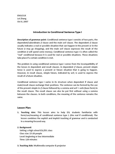 Conditional I Lesson Plan Pdf Clause Sentence Linguistics