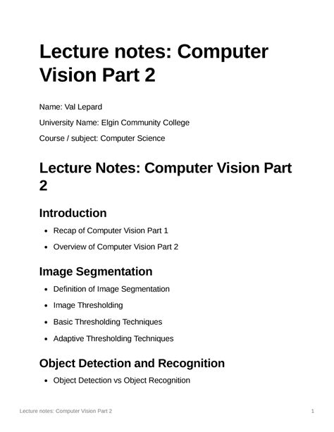 Lecture Notes Computer Vision Part 2 Lecture Notes Computer Vision