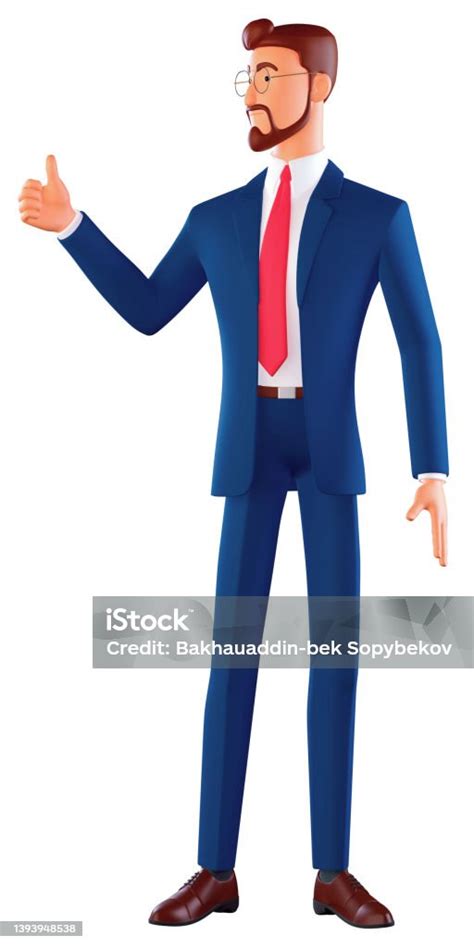 엄지 손가락 긍정적 인 손 제스처 좋은 직업 존경심을 보여주는 파란색 양복을 입은 안경을 쓴 남자의 초상화 최소한의 양식화 된 예술3d 흰색 배경에 렌더링됩니다 가리키기에