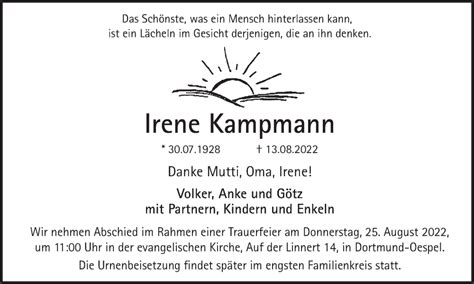 Traueranzeigen Von Irene Kampmann Sich Erinnernde