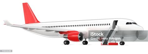 빨간 꼬리 날개 3 차원 높은 자세한 흰색 정기 여객기는 흰색 바탕에 렌더링 합니다 오픈 보 딩 사다리 절연된 3d 그림으로 비행기 항공사 개념 여행 여객 비행기입니다 제트