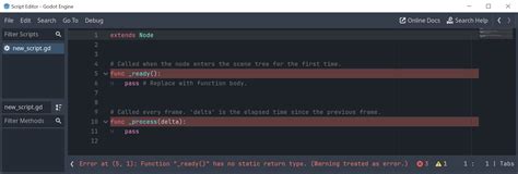 default node gdscript template has warnings errors with new untyped