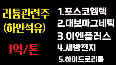하얀 석유 톤당 일억 리튬관련주 포스코엠텍대보마그네틱한국테크놀로지엔투텍광무이앤플러스이브이첨단소재넥스턴바이오유일에너테크웰크론한텍posco홀딩스경동