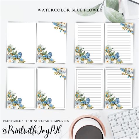 Printable Notepad Template Set Watercolor Blue Flower Floral Series JPEG And PDF Sizes