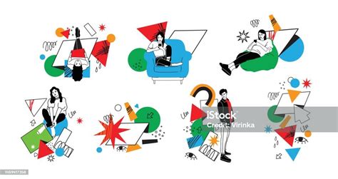 윤곽선 캐릭터 다양한 포즈를 취한 사람들 다양한 기하학적 모양과 다채로운 추상적 인물 다른 분위기 위치 손으로 그린 벡터 일러스트 레이 션 개념에 대한 스톡 벡터 아트 및